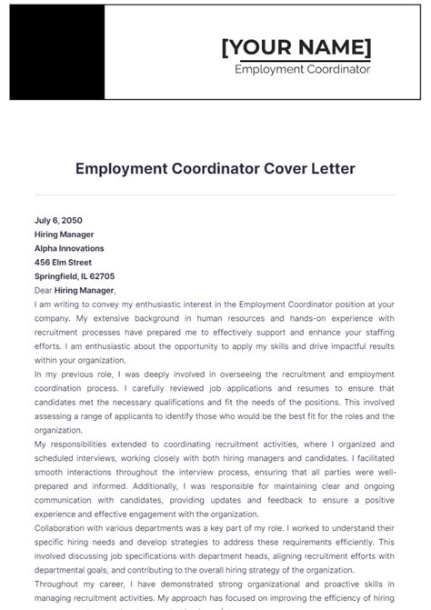 Free Employment Coordinator Cover Letter Template To Edit Online