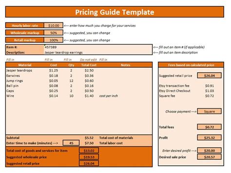 Etsy Pricing Guide Excel Template Pricing Template Pricing