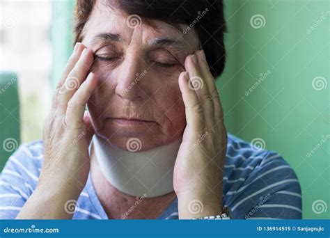 Senior Woman Wearing Neck Brace Stock Image Image Of Horizontal Disasters