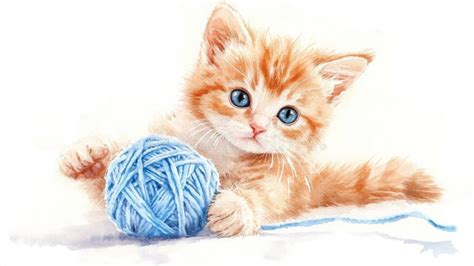 An Illustration Of An Orange Tabby Kitten Playing With Yarn Rendered