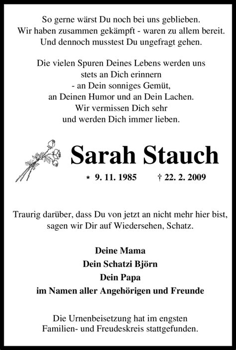Traueranzeigen Von Sarah Stauch Trauer In Nrw De