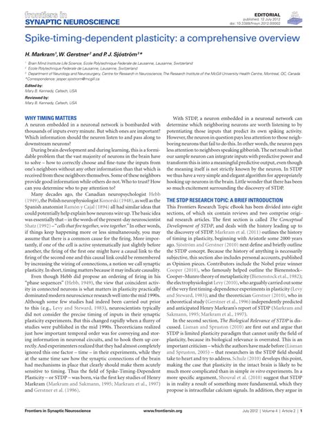 Pdf Spike Timing Dependent Plasticity A Comprehensive Overview