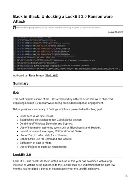 2022 08 19 Back In Black Unlocking A Lockbit 3 0 Ransomware Attack Pdf Ransomware
