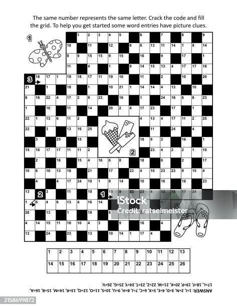 일반 지식 항목과 3개의 여름 그림 단서가 있는 코드 브레이커 십자말풀이 게임이 있는 퍼즐 페이지 답변이 포함되어 있습니다 가로