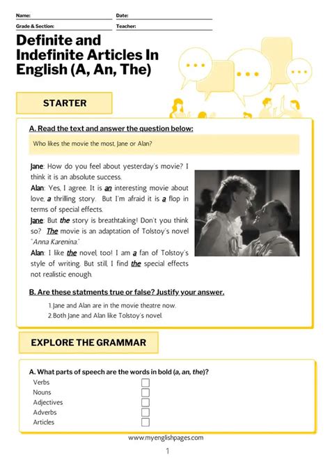Teaching Definite And Indefinite Articles Lesson Plan Pdf My English Pages