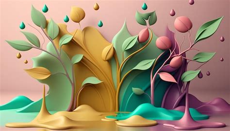 Premium Ai Image 3d Liquid Water And Leaf Spring Illustration Background