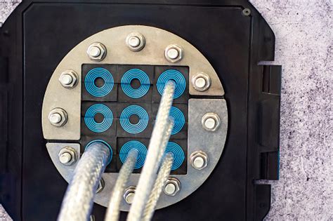 전선은 보호 어댑터로 벽에 고정됩니다 화재 방지 기능이 있는 어댑터 금속 전선 여러 내화성 케이블 개념 안전한 전기 배선 화재 방지 배선 0명에 대한 스톡 사진 및 기타