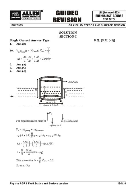 Guided Revision Solutions For Jee Advanced 2024 Fluid Statics