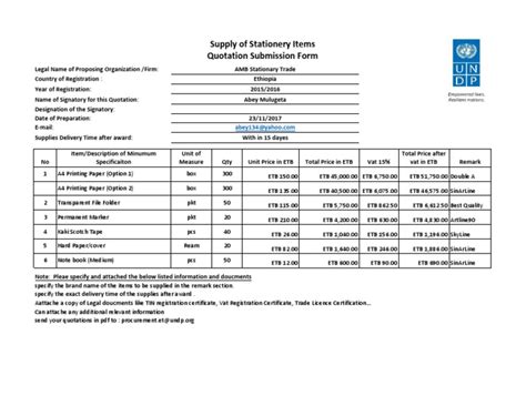 Stationery Item Supply Quotation Form Pdf Business