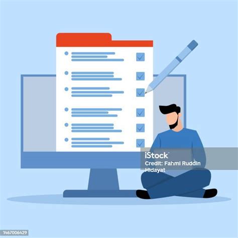 온라인 시험 개념 체크리스트 및 연필 시험 답변 선택 설문지 양식 교육 개념 설문지 작업을 완료하는 남성 캐릭터 벡터 평면 그림 물음표에 대한 스톡 벡터 아트 및 기타