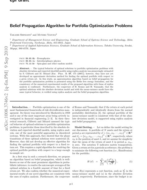 Pdf Belief Propagation Algorithm For Portfolio Optimization Problems