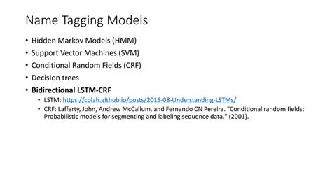 outline name tagging lstm crf model ying lin overview input features