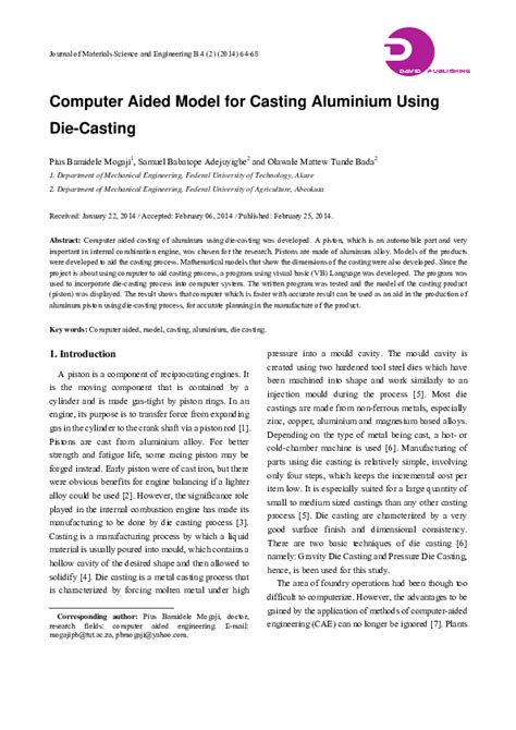 Pdf Computer Aided Model For Casting Aluminium Using Die Casting