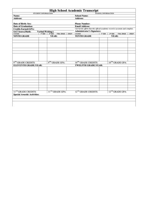High School Academic Transcript Form Printable Pdf Download