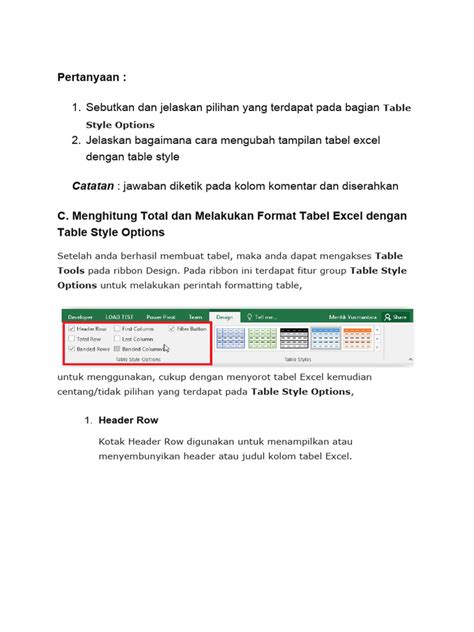 Menghitung Total Dan Melakukan Format Tabel Excel Dengan Table Style Options Pdf