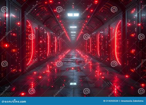 Futuristic Data Center Corridor With Red Illuminated Cabinets Concept Futuristic Design Data