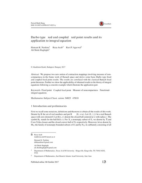 Pdf Darbo Type Fixed And Coupled Fixed Point Results And Its Application To Integral Equation