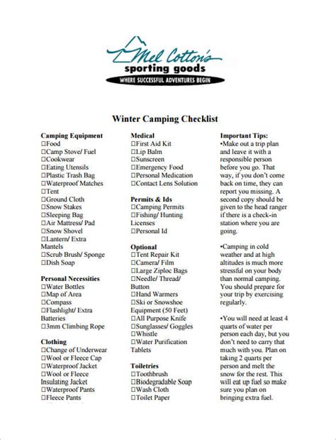 Printable Winter Camping Checklist Template Free Download And Print