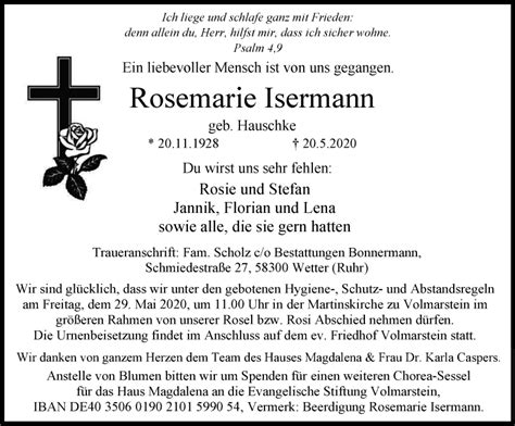 Traueranzeigen Von Rosemarie Isermann Trauer In Nrw De