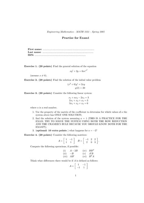 Practice For Exam 1 Engineering Mathematics Math 3321 Docsity