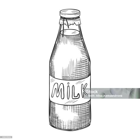 우유 병 벡터 그림 검정 잉크로 칠해진 유제품의 선형 그림 요리 책에 있는 제품 상표 조리법을 위한 개략 에칭 요리를 위한 음료의 흑백 라인 아트 0명에 대한 스톡 벡터