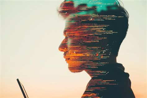 Premium Photo Portrait Of A Programmer With A Double Exposure Of A Laptop And A Code