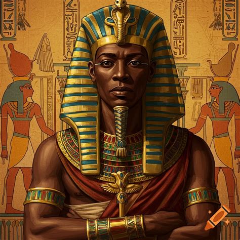 A Black Egyptian King In Gold And Blue Headdress And Ornate Clothing