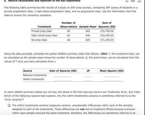 Solved ANOVA Calculations And Rejection Of The Null Chegg