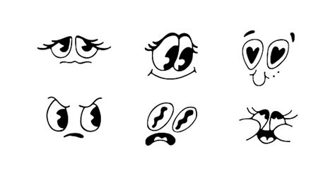 귀여운 얼굴 그리기 낙서 캐릭터 복고풍입니다 흑인과 백인 애니메이션 얼굴입니다 표정 성격 페이스 스티커 낙서 손으로 그렸습니다 벡터 일러스트 레이 션입니다 감정에 대한 스톡