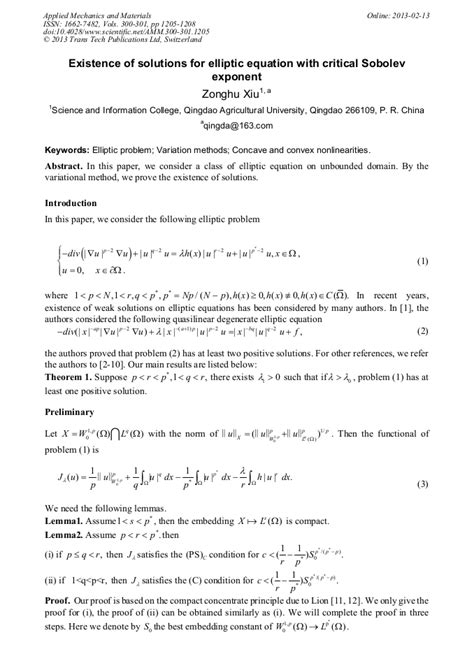 Existence Of Solutions For Elliptic Equation With Critical Sobolev Exponent Scientificnet