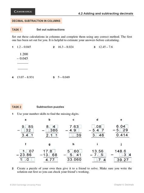 Decimal Subtraction In Columns Pdf