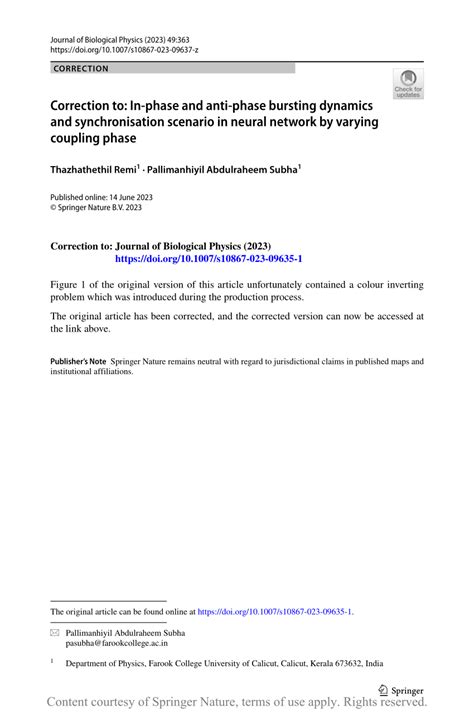 Correction To In‑phase And Anti‑phase Bursting Dynamics And Synchronisation Scenario In Neural
