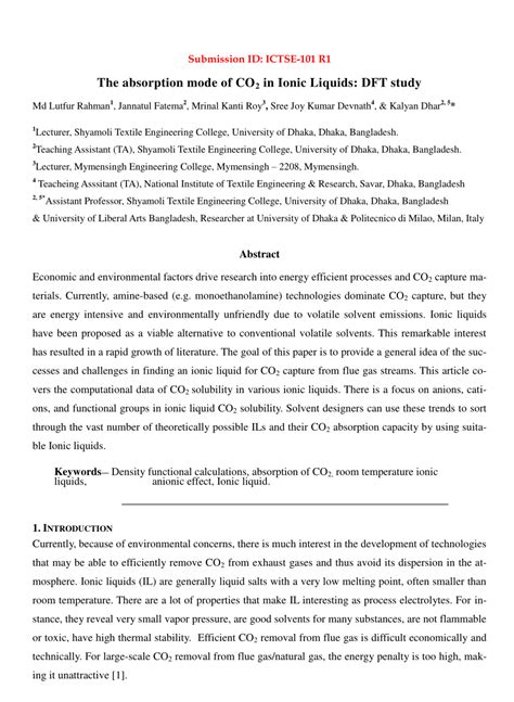 PDF The Absorption Mode Of CO In Ionic Liquids DFT Study