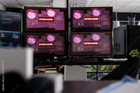 Empty Data Office Desk With Multiple Programming Computers Flashing