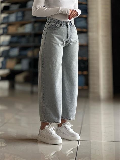 شلوار جین طوسی یخی کراپ واید لگ کد ۱۶۱۱۹ بوتیک دندی