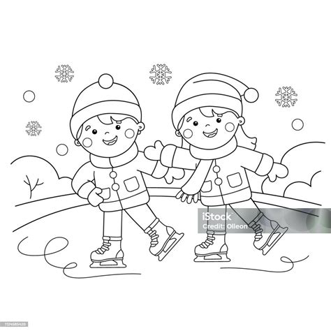 스케이팅 소녀 만화 소년의 개요 페이지를 착 색 겨울 스포츠입니다 아이 들을 위한 색칠 하기 책 겨울에 대한 스톡 벡터 아트 및 기타 이미지 Istock
