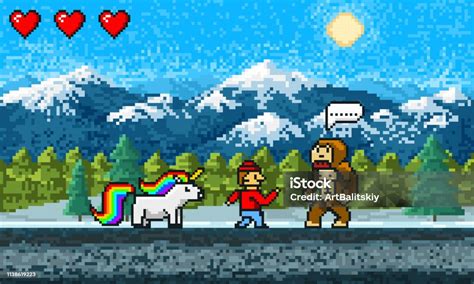게임 장면 픽셀 아트 8 비트 배경입니다 비디오 인터페이스 레트로 위치입니다 산 무지개 조랑말 원숭이와 캐릭터 빈티지 컴퓨터 비디오 아케이드입니다 벡터 일러스트입니다 나무에
