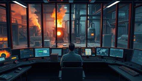 Modern Control Room Monitors Smelting Process Operator Observes Furnace Ore Processing Data On