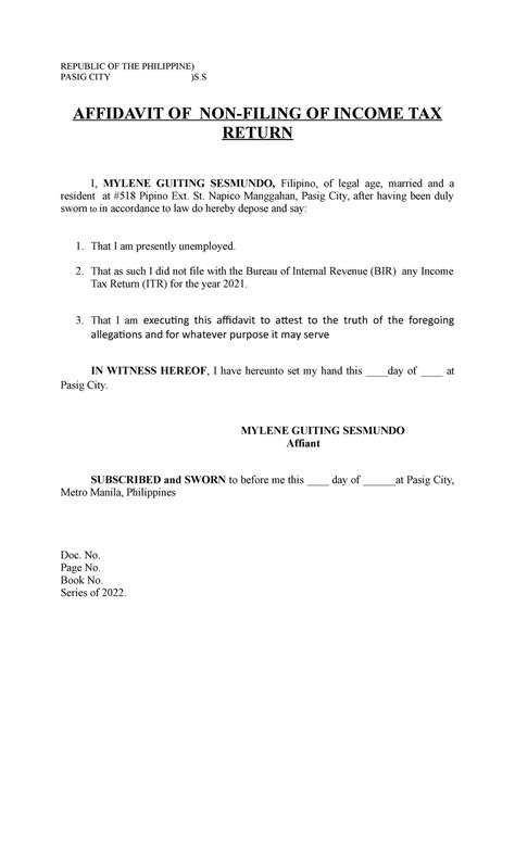 Affidavit OF NON Filling OF ITR REPUBLIC OF THE PHILIPPINE PASIG CITY S AFFIDAVIT OF NON