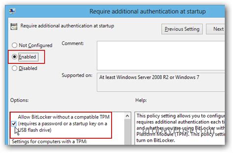 เปิดใช้งานการเข้ารหัส bitlocker ของดิสก์เต็มรูปแบบในพีซีที่ไม่มี tpm