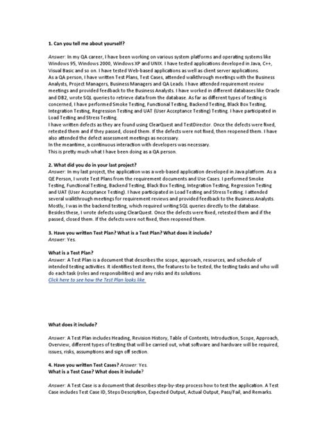 Interview Questions For Qa Tester 1 Pdf Software Testing Software Bug