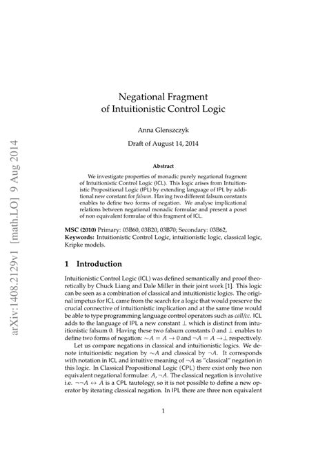 Pdf Negational Fragment Of Intuitionistic Control Logic