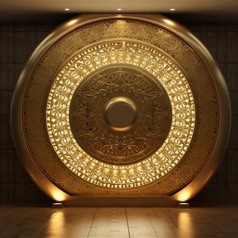 There Is A Large Golden Gong In A Room With A Wooden Floor Generative Ai Premium Ai Generated