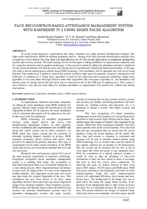 Pdf Face Recognition Based Attendance Management System With Raspberry Pi 2 Using Eigen Faces
