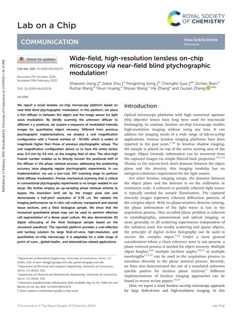 Pdf Wide Field High Resolution Lensless On Chip Microscopy Via Near Field Blind Ptychographic