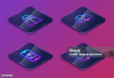 상자 배달 모바일 앱 추적 판지 판지 및 언박싱이 포함된 등각 투영 라인 화물선을 설정합니다 파란색 사각형 버튼입니다 벡터 3차원 형태에 대한 스톡 벡터 아트 및 기타