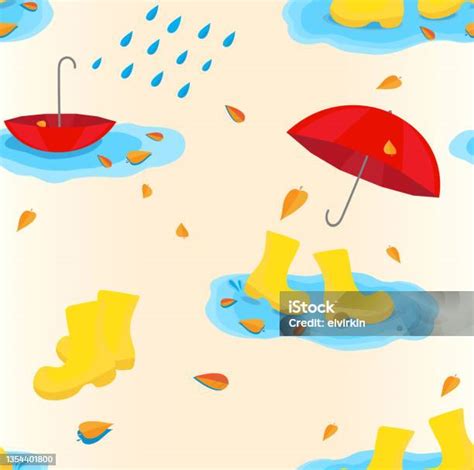 우산 비 잎 노란 고무 꽁수와 웅덩이가있는 가을 의 원활한 패턴 0명에 대한 스톡 벡터 아트 및 기타 이미지 0명 가을 가을 단풍 Istock