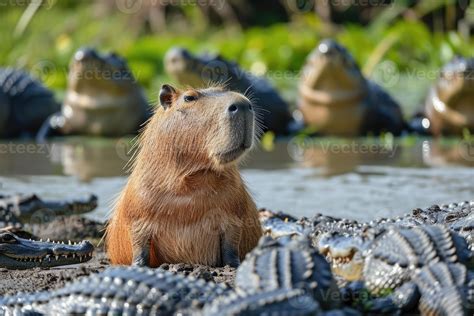 Ai Generated A Capybara Among Crocodiles In The River Ai Generative