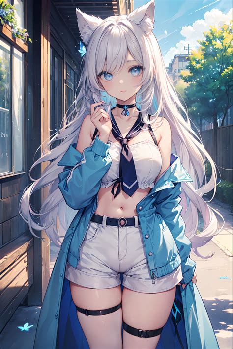 긴 흰 머리와 파란 눈을 가진 애니메이션 소녀가 사진을 위해 포즈를 취하고 있습니다 Seaart Ai