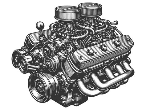 Detailed Classic Car Engine Engraving Vector Stock Vector
